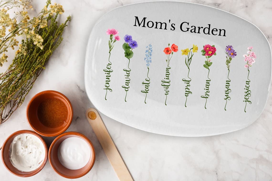 Custom Mom's Garden Personalized Gift for Mom Gift Mothers Day Birthday Present From kids Custom Birth Flower Platter Custom Platter Name Platter Serving Trays Serving Plates for Fish Dish Steak