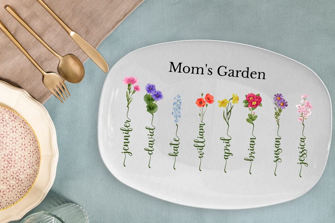 Custom Mom's Garden Personalized Gift for Mom Gift Mothers Day Birthday Present From kids Custom Birth Flower Platter Custom Platter Name Platter Serving Trays Serving Plates for Fish Dish Steak