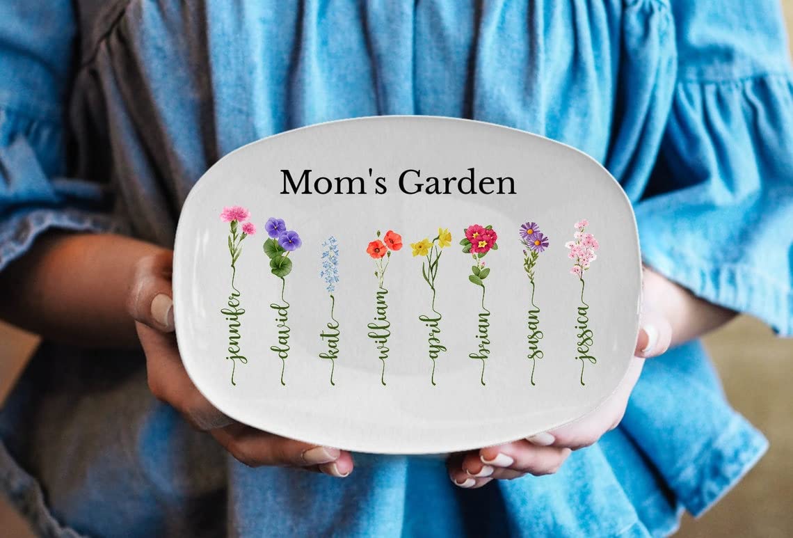 Custom Mom's Garden Personalized Gift for Mom Gift Mothers Day Birthday Present From kids Custom Birth Flower Platter Custom Platter Name Platter Serving Trays Serving Plates for Fish Dish Steak