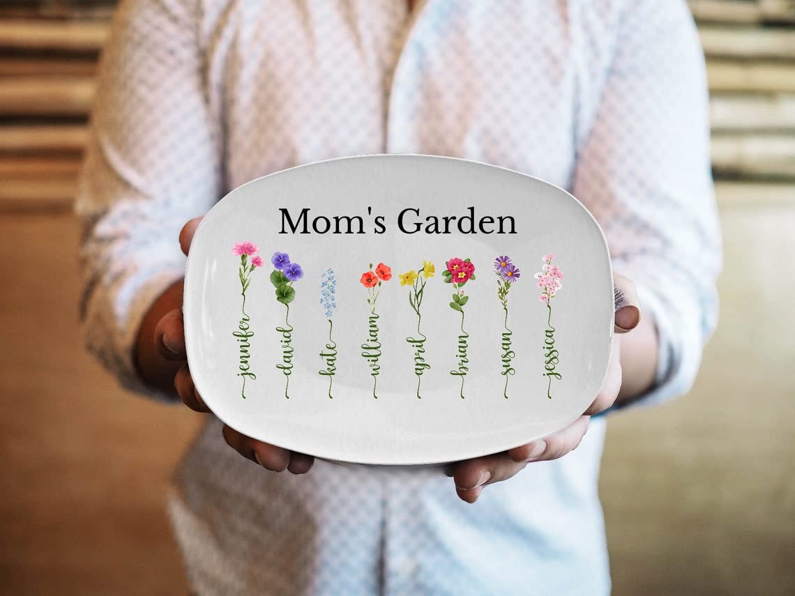 Custom Mom's Garden Personalized Gift for Mom Gift Mothers Day Birthday Present From kids Custom Birth Flower Platter Custom Platter Name Platter Serving Trays Serving Plates for Fish Dish Steak