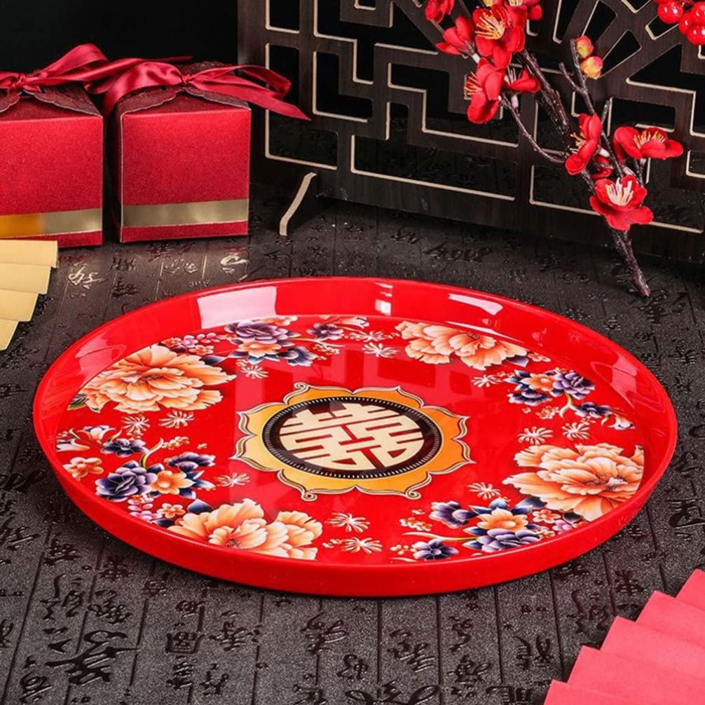 Cabilock Serving Platter Chinese Food Tray Red Wedding Serving Tray Fruit Plate Fruit Tray Snack Storage Holder for Home Kitchen and Wedding Snack Tray Round 13X2. 9inch Chinese Candy Boxes