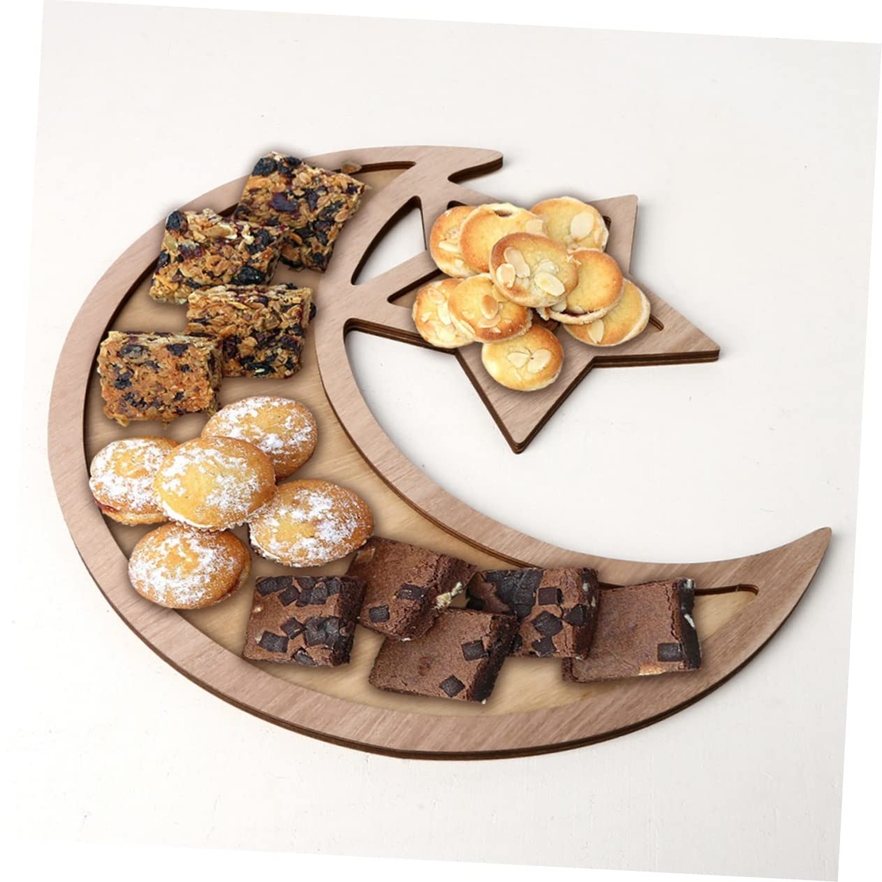 ABOOFAN 1pc Eid Ramadan Bairam Platter Plate Islamic Wood Dish Food Star Plates Dates for Parties Supplies Snacks Party Dessert Home Decoration Shaped Tray Mubarak Decorations Muslim