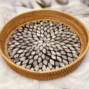 13 Inch Rattan Serving Basket with Shine MOP Black Flat Bottom, Handmade Wicker Coffee Table Serving Tray Décor Circle with 2 Inch Wall, Boho Round Woven Basket Tray for Ottoman, Vanity, Exxacttorch