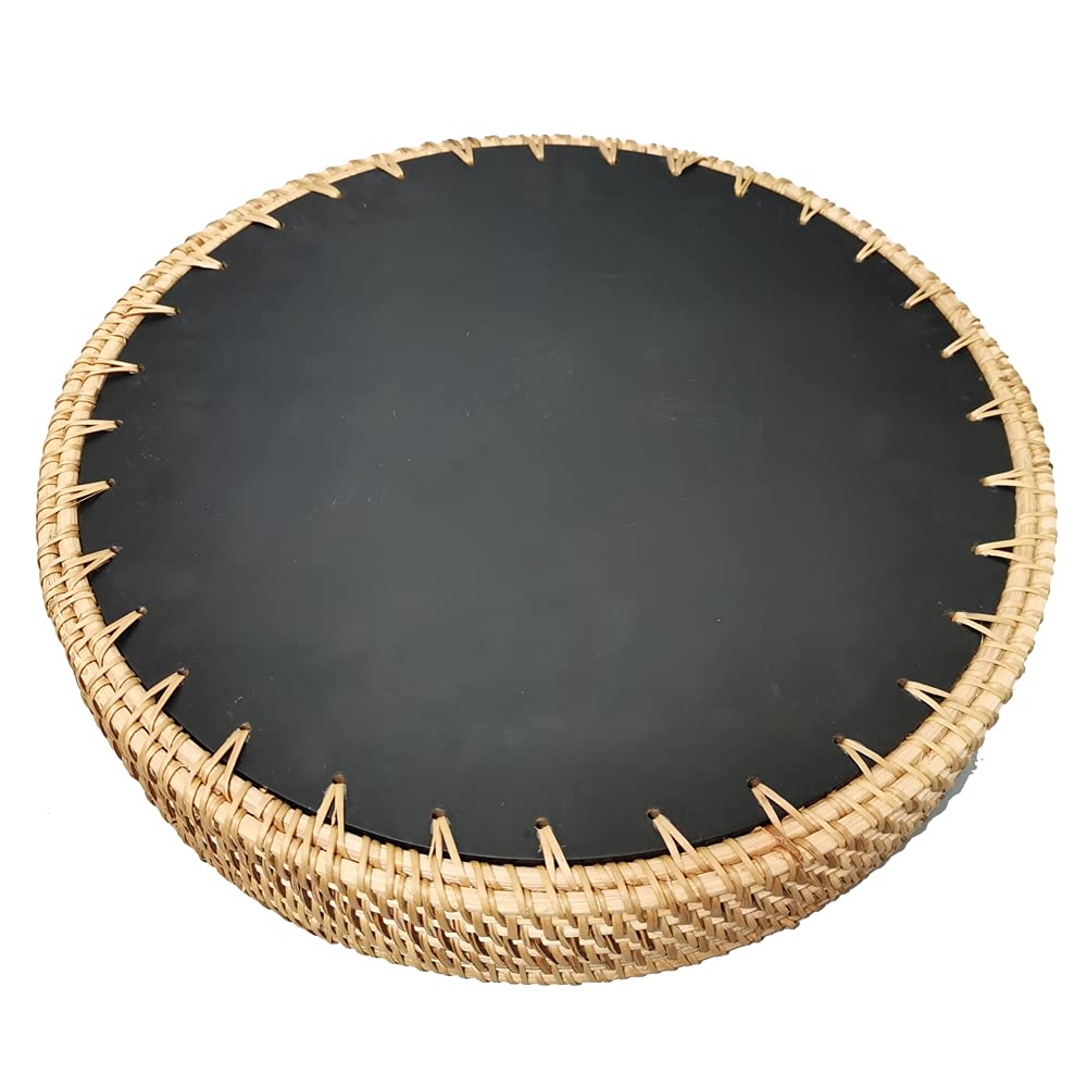 13 Inch Rattan Serving Basket with Shine MOP Black Flat Bottom, Handmade Wicker Coffee Table Serving Tray Décor Circle with 2 Inch Wall, Boho Round Woven Basket Tray for Ottoman, Vanity, Exxacttorch