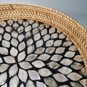 13 Inch Rattan Serving Basket with Shine MOP Black Flat Bottom, Handmade Wicker Coffee Table Serving Tray Décor Circle with 2 Inch Wall, Boho Round Woven Basket Tray for Ottoman, Vanity, Exxacttorch