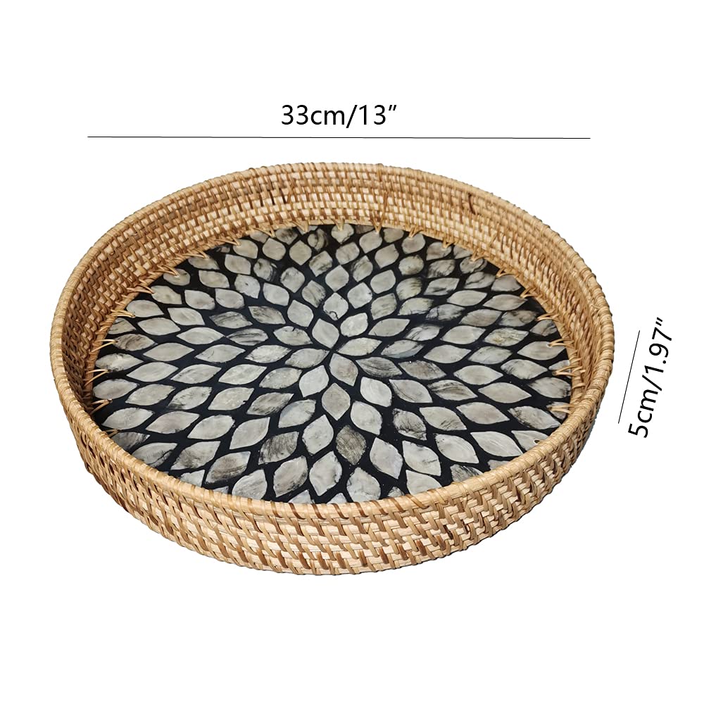 13 Inch Rattan Serving Basket with Shine MOP Black Flat Bottom, Handmade Wicker Coffee Table Serving Tray Décor Circle with 2 Inch Wall, Boho Round Woven Basket Tray for Ottoman, Vanity, Exxacttorch