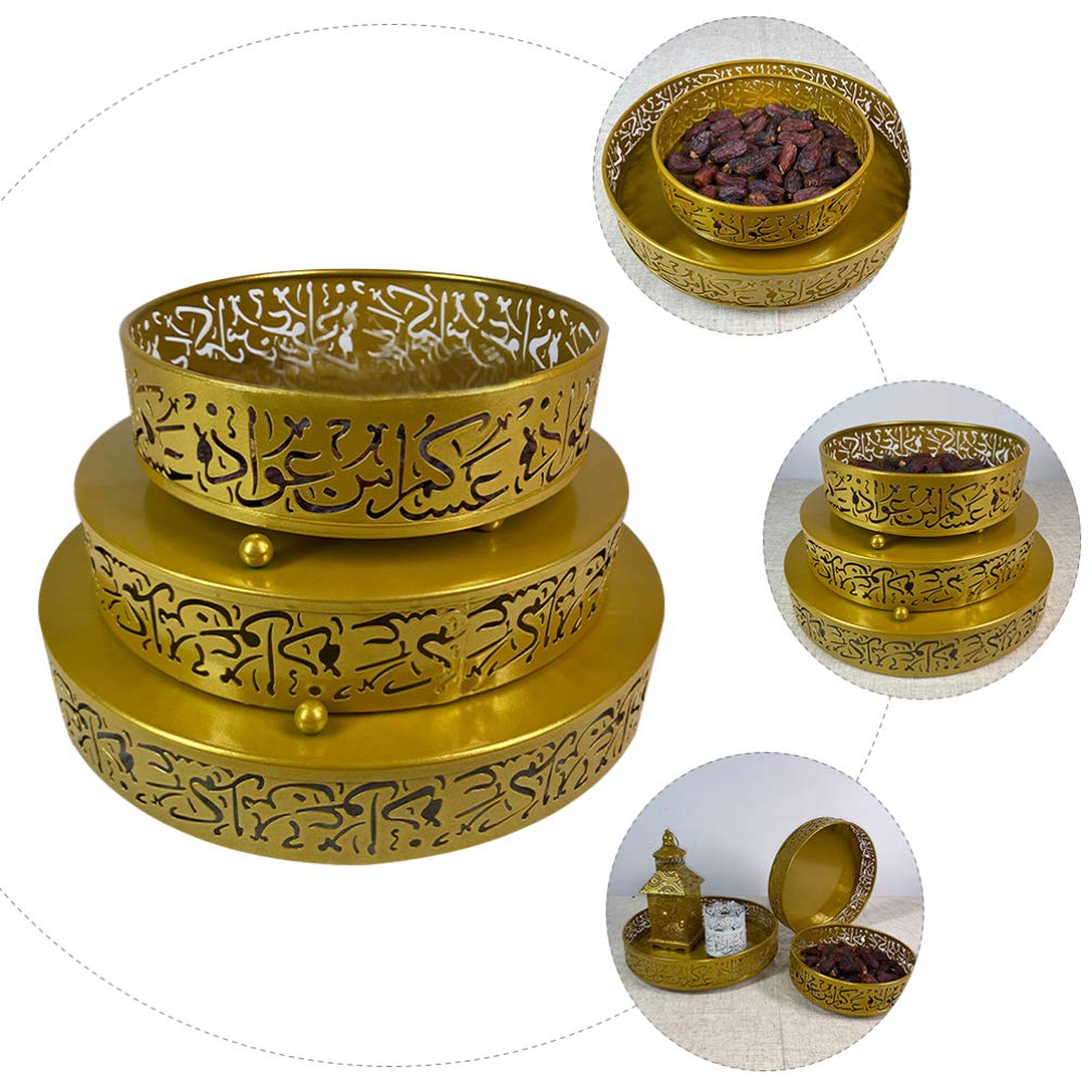 Amosfun 3Pcs Eid Ramadan Plate Iron Serving Tray Plate Islam Round Platter Snack Dessert Pastry Tray for Home Ramadan Mubarak Party Supplies (Golden)