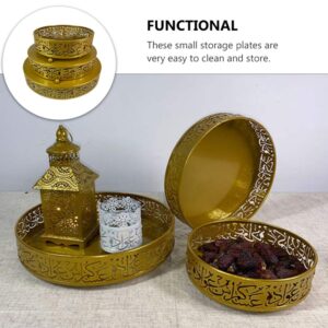 Amosfun 3Pcs Eid Ramadan Plate Iron Serving Tray Plate Islam Round Platter Snack Dessert Pastry Tray for Home Ramadan Mubarak Party Supplies (Golden)