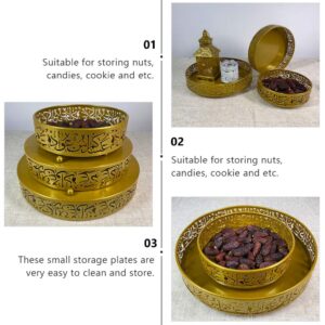 Amosfun 3Pcs Eid Ramadan Plate Iron Serving Tray Plate Islam Round Platter Snack Dessert Pastry Tray for Home Ramadan Mubarak Party Supplies (Golden)