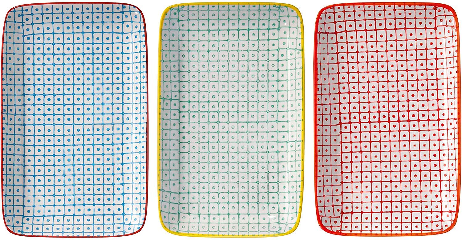 Bloomingville Ceramic Plates rectangular Carla - colorful Serving Dish L 7.5'' W 4.75'', red blue green, Stoneware, Set of 3 Styles