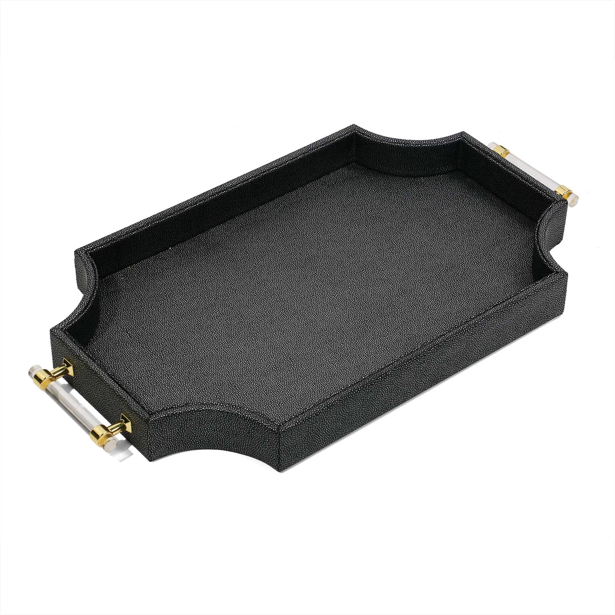 Black Shagreen Decorative Tray, Large Acrylic Handles Serving Tray, Scallop Edges Serving Table Tray, Valet Tray, Modern Elegant Ottoman Tray for Coffee Table, Bathroom, Kitchen, Living Room