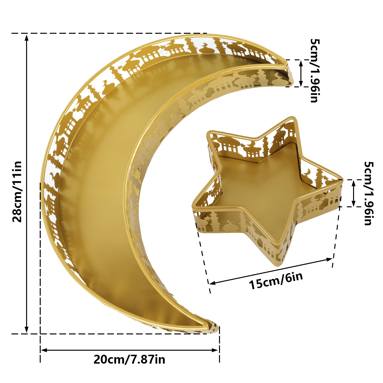 2Pcs Ramadan Serving Dishes, Moon Star Shaped Trays, Reusable Metal Trays, Rustproof Delicate Moon Star Serving Tray, Ramadan Decoration Plate Washable for Eid Ramadan Food Party Supply