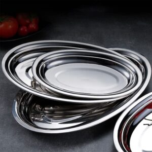 Hemoton 2pcs Stainless Steel Oval Platter Small Sizzling Platter Serving Tray Fish Plate for Steaming Fish Dessert Meat Sushi, 10-Inch by 6.2-Inch, Silver