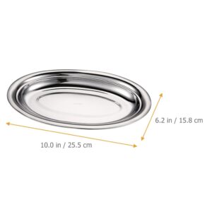 Hemoton 2pcs Stainless Steel Oval Platter Small Sizzling Platter Serving Tray Fish Plate for Steaming Fish Dessert Meat Sushi, 10-Inch by 6.2-Inch, Silver