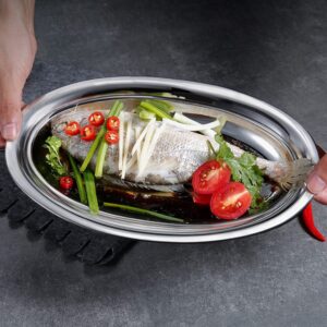 Hemoton 2pcs Stainless Steel Oval Platter Small Sizzling Platter Serving Tray Fish Plate for Steaming Fish Dessert Meat Sushi, 10-Inch by 6.2-Inch, Silver