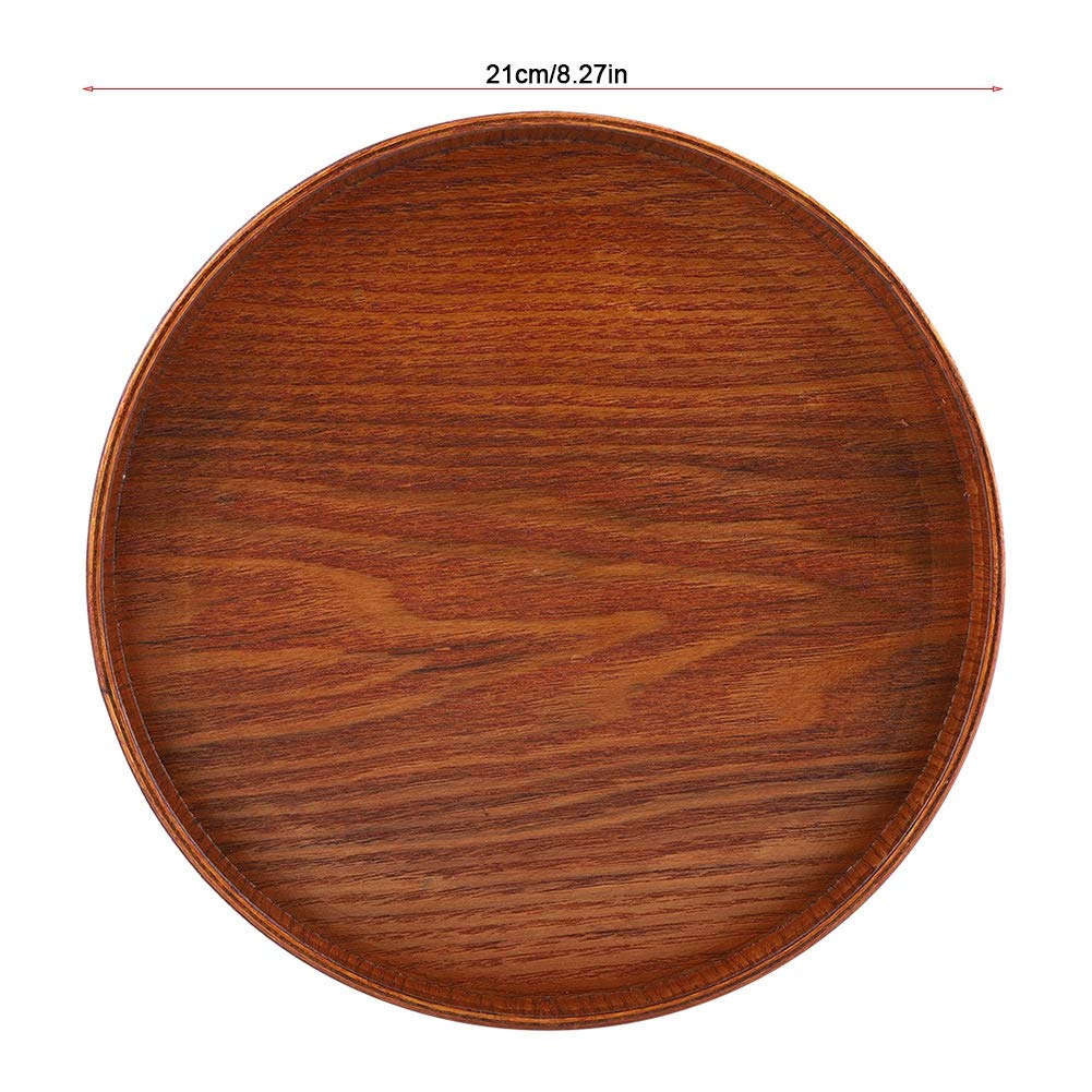 Round Wood Serving Tray Tea Coffee Snack Food Meals Serving Tray Anti Slip Brown Wooden Plate Dishes Water Drink Platter with Raised Edges 8.27 inches (21x21cm)