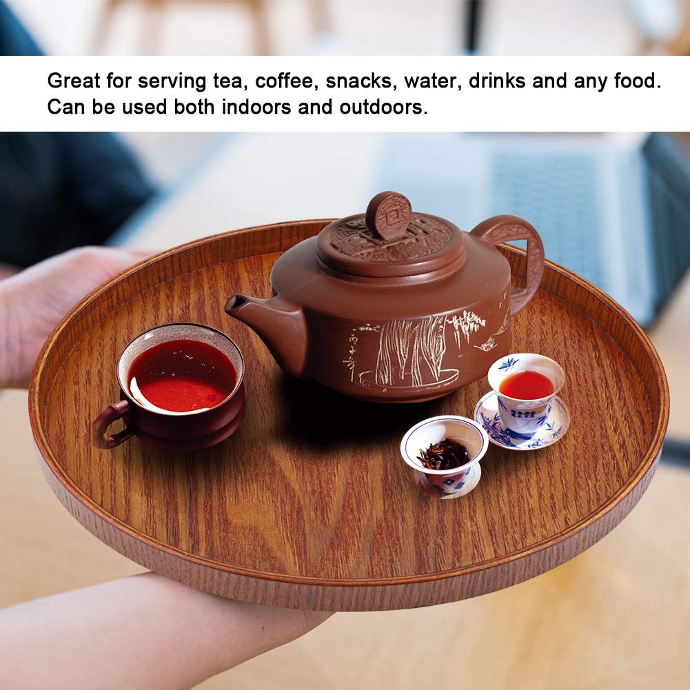 Round Wood Serving Tray Tea Coffee Snack Food Meals Serving Tray Anti Slip Brown Wooden Plate Dishes Water Drink Platter with Raised Edges 8.27 inches (21x21cm)