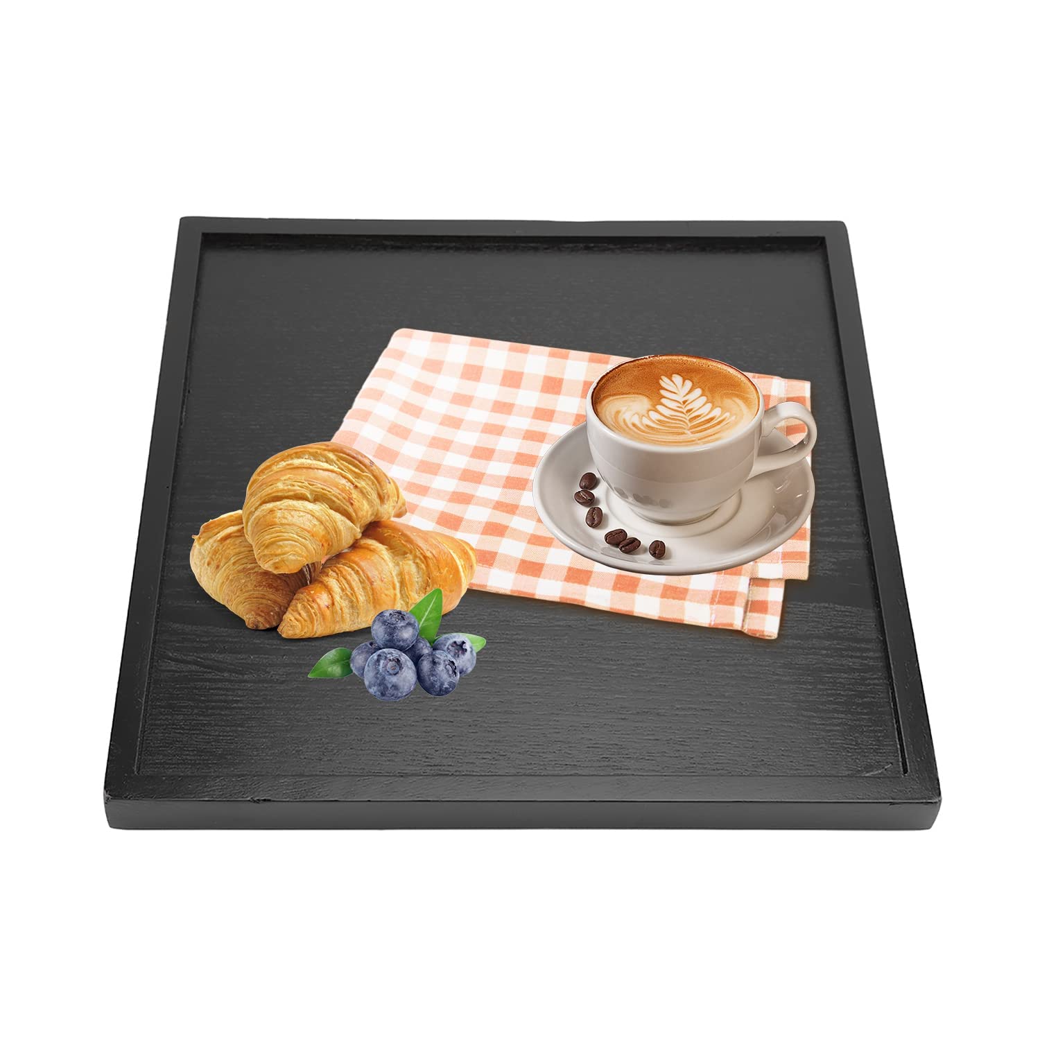 Black Serving Tray, 30cm/11.8in Square Solid Wood Coffee Tea Platter Kitchen Food Serving Trays Dinner Restaurant Decorative Platter for Snack Breakfast Dinner BBQ Party