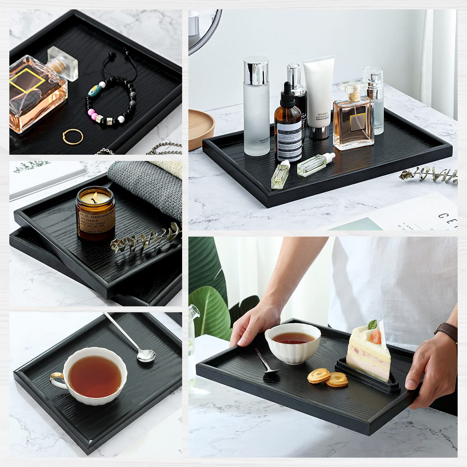 Black Serving Tray, 30cm/11.8in Square Solid Wood Coffee Tea Platter Kitchen Food Serving Trays Dinner Restaurant Decorative Platter for Snack Breakfast Dinner BBQ Party