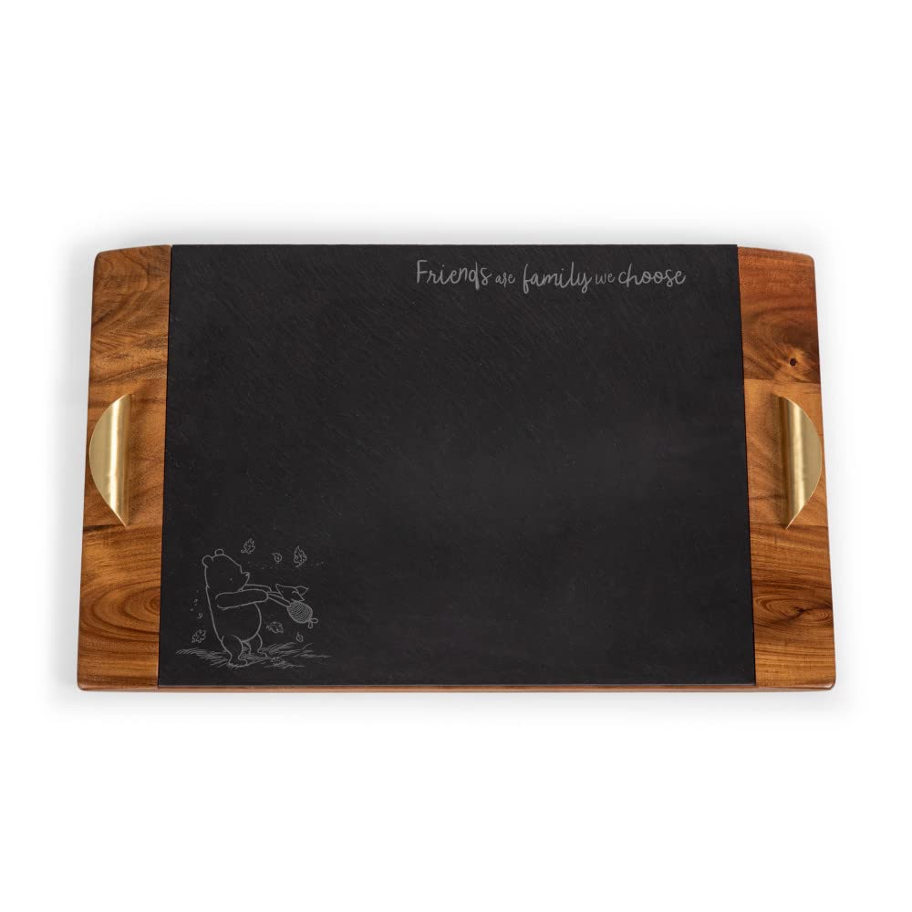 PICNIC TIME Disney Winnie The Pooh Covina Acacia and Slate Serving Tray, Charcuterie Board Set, Cheese Board, (Acacia Wood & Slate Black with Gold Accents)