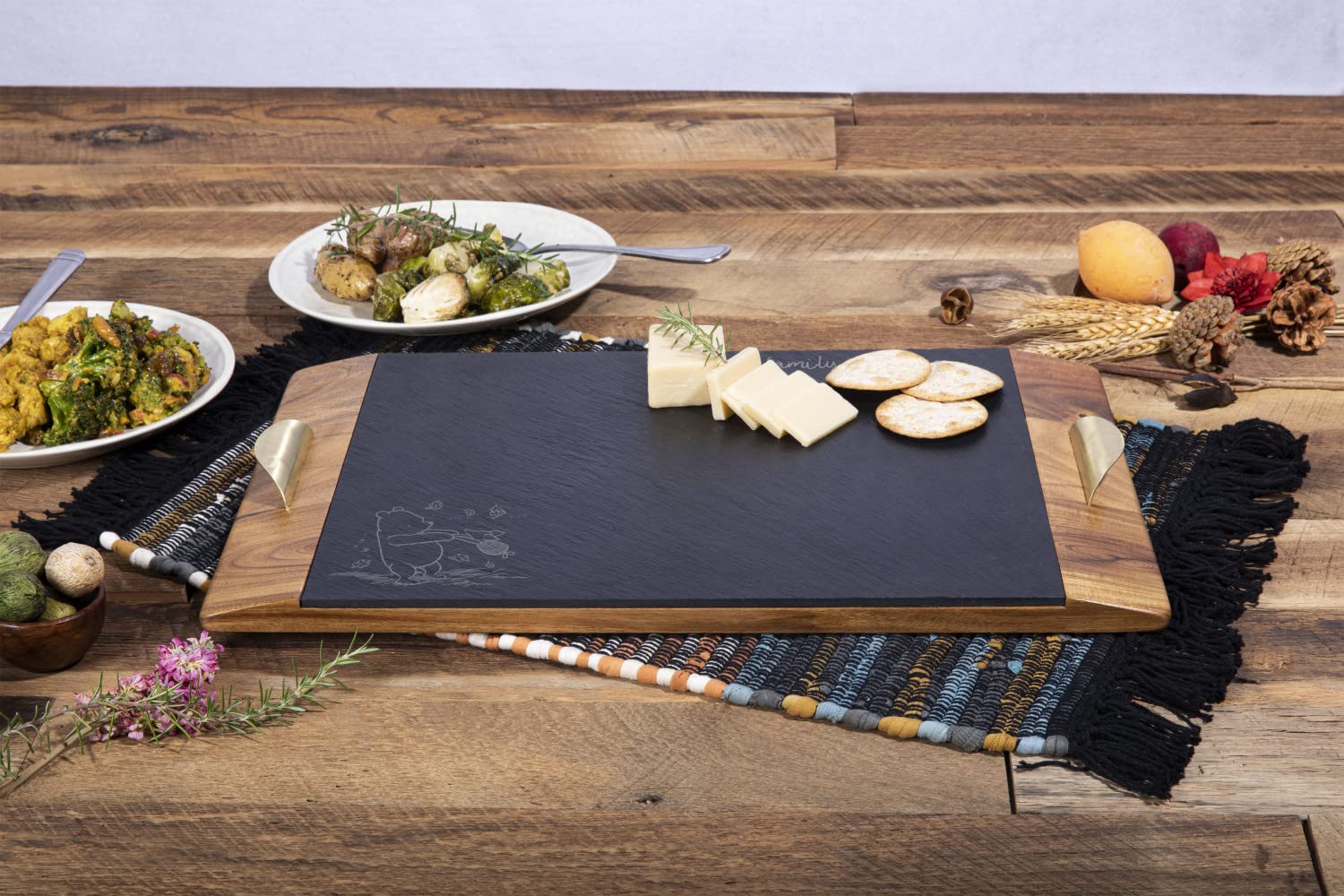 PICNIC TIME Disney Winnie The Pooh Covina Acacia and Slate Serving Tray, Charcuterie Board Set, Cheese Board, (Acacia Wood & Slate Black with Gold Accents)