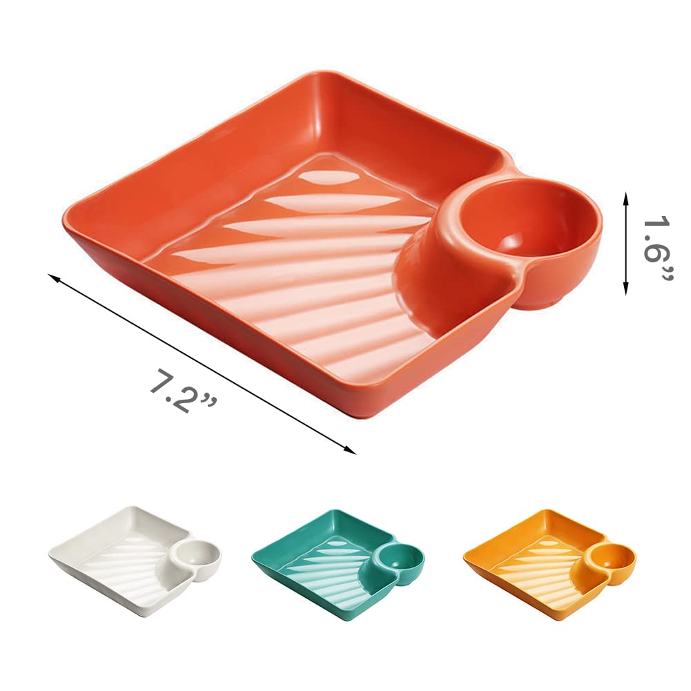 OLizee® Chip and Dip Serving Set of 4 Divided Serving Platter/Tray for Party Plastic Dip Bowls Set Soy Sauce Dish/Bowls Square Japanese Sushi Plates for Dessert Salad Salsa Nacho Snacks 7in