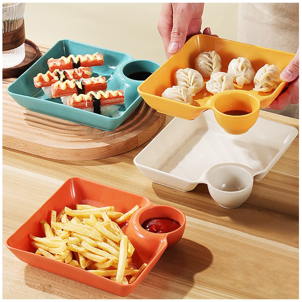 OLizee® Chip and Dip Serving Set of 4 Divided Serving Platter/Tray for Party Plastic Dip Bowls Set Soy Sauce Dish/Bowls Square Japanese Sushi Plates for Dessert Salad Salsa Nacho Snacks 7in