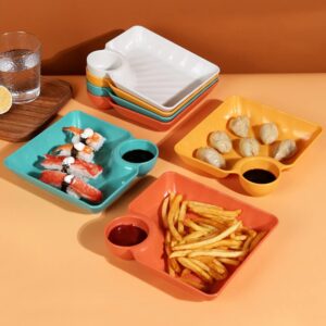 OLizee® Chip and Dip Serving Set of 4 Divided Serving Platter/Tray for Party Plastic Dip Bowls Set Soy Sauce Dish/Bowls Square Japanese Sushi Plates for Dessert Salad Salsa Nacho Snacks 7in