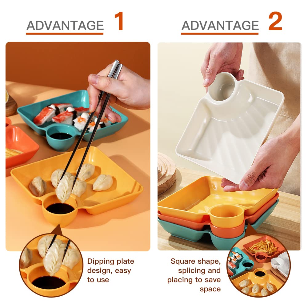 OLizee® Chip and Dip Serving Set of 4 Divided Serving Platter/Tray for Party Plastic Dip Bowls Set Soy Sauce Dish/Bowls Square Japanese Sushi Plates for Dessert Salad Salsa Nacho Snacks 7in