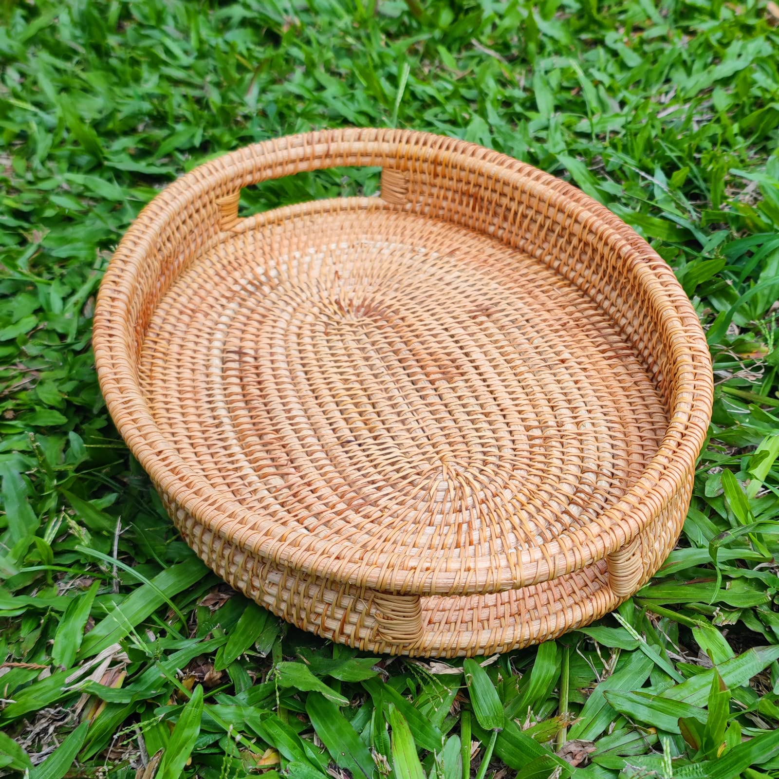 14 Inch Oval Rattan Storage Baskets Serving Tray with Handles and Raised Side Coffee Table Tray Decor M Browm