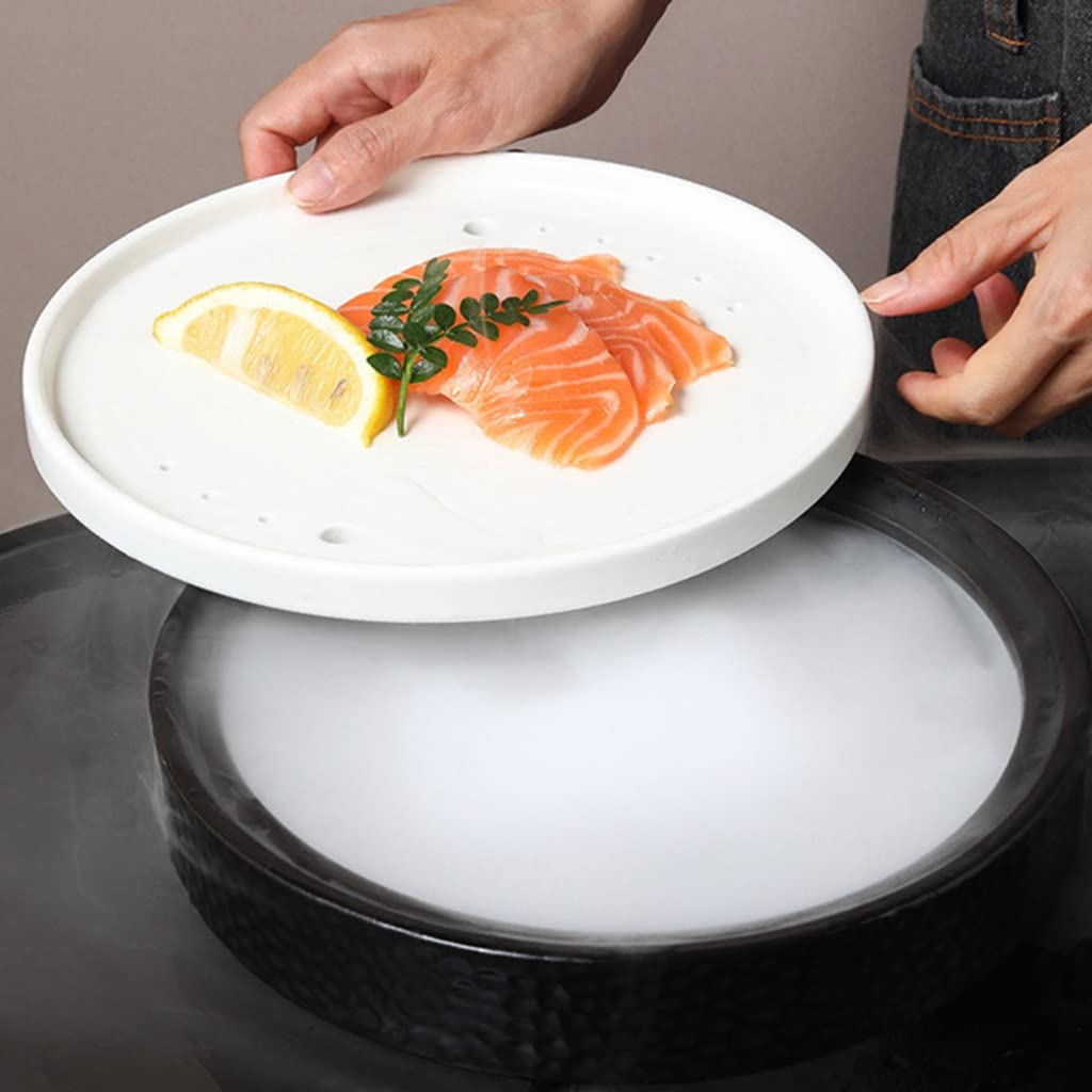 Seafood Sushi Sashimi Ice Tray Ceramic Platter Round Dry Ice Plate Personalized Smoke Dishes for Restaurant Hotel Home Multi-purpose (Size : Small)