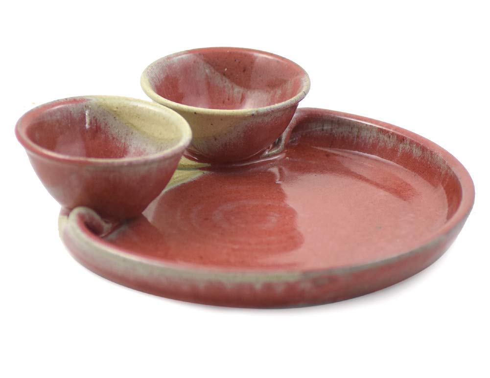 American Made Stoneware Pottery Chip and Dip Tray in Red Delicious (11.5" Double Dip)