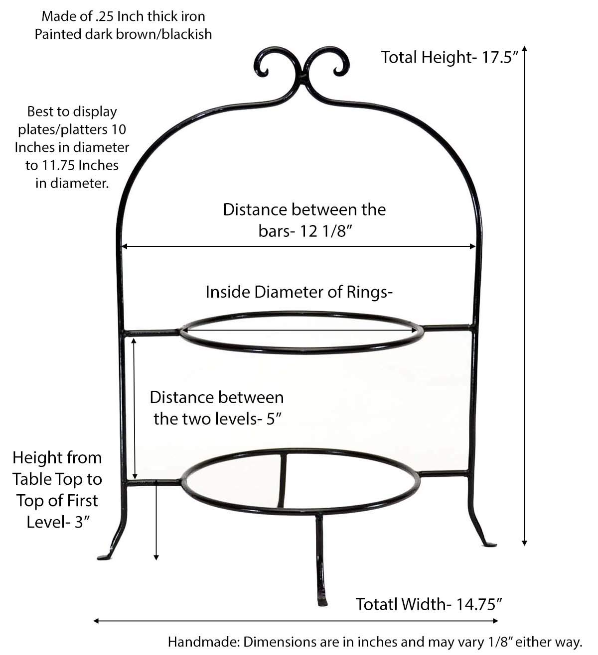 Laredo Import Wrought Iron Two Tier Plate Rack, 8 Inch Diameter Rings-17.5 Inches High