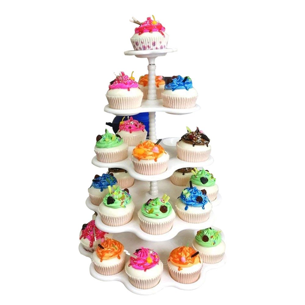 5 Tier Cupcake Stand Holds 27 Cupcakes Holder Round Dessert Tower Tree Display for Wedding Birthday Tea Party Home Plastic White