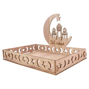 table tray ramadan mubarak wooden serving tray: eid mubarak moon castle tableware tray muslim islam party serving platter for dessert snacks fruit food dessert trays