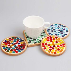 HEALLILY 6pcs Wood Mosaic Coaster Plate DIY Cup Mat Making Tray Round Square Heart Oval Hexagon Rectangle Wood Tray Hot Cup Serving Plate 26.5X7.3cm