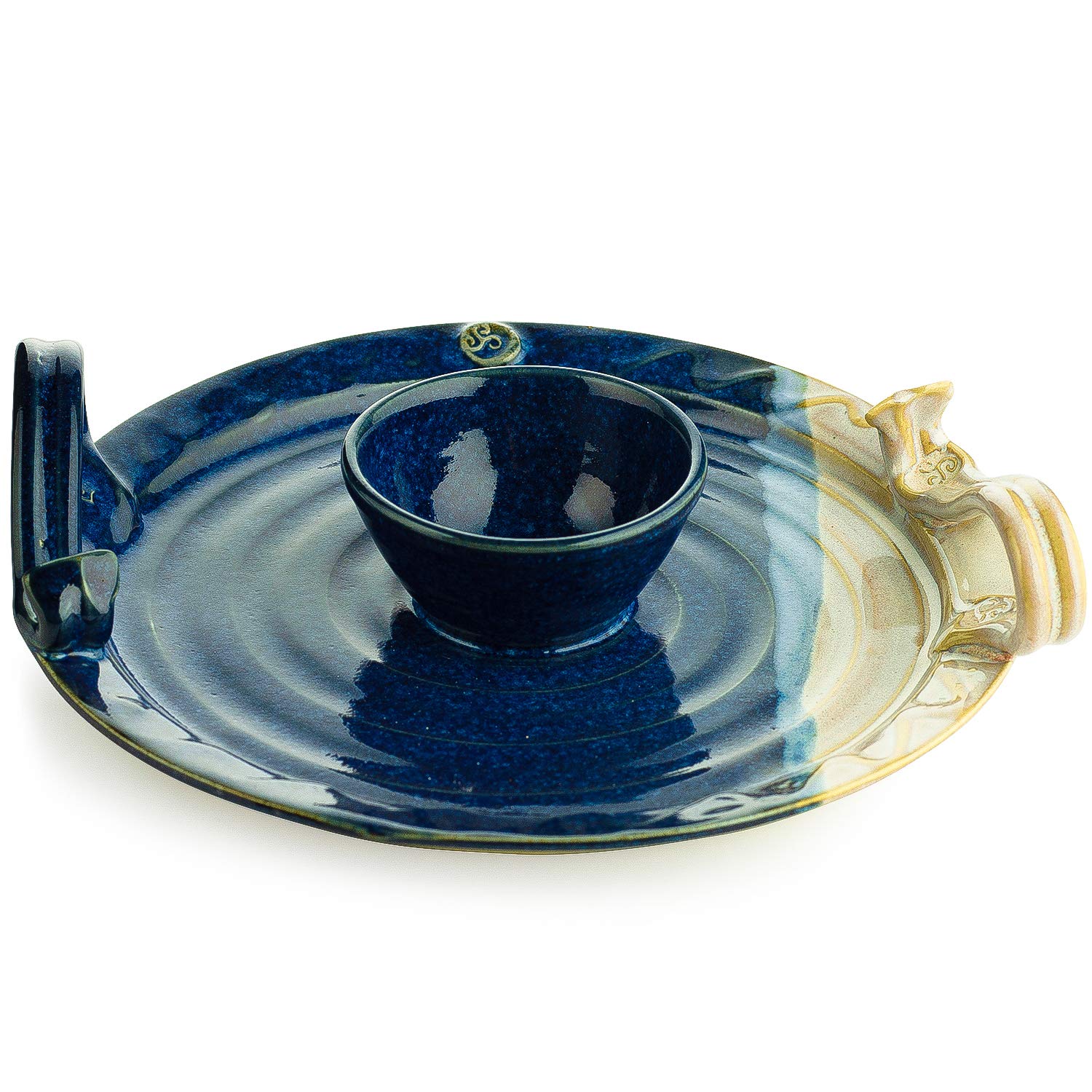 Castle Arch Pottery Handmade Party Platter with Dip Bowl. 9” Diameter Serving Plate with Celtic Spiral Logo. Original Irish Design Hand-Glazed for Durability and Quality of Finish (Blue)