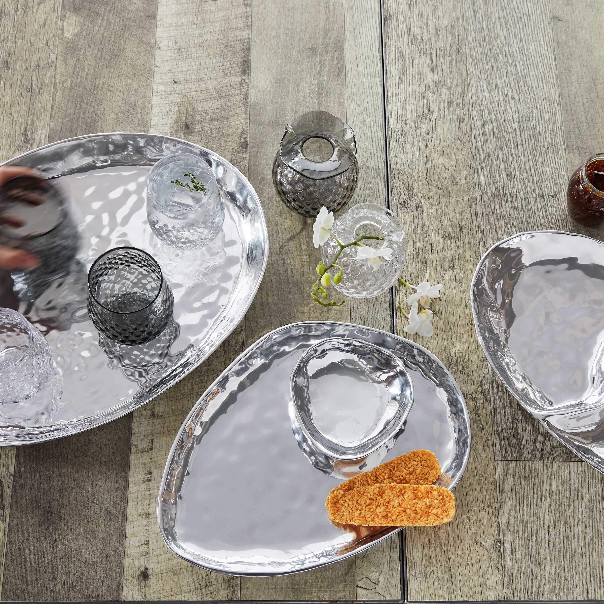 Mariposa, Bowls & Platters Dinnerware & Serveware, Large Oval Tray, Shimmer Silver