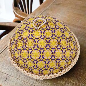 generic Hand- Woven Round Rattan Serving Tray with Food Dome Lid Cover for Picnic Party Bread Cake Pizza Dry Fruit Dessert Yellow Q1519432BAA 28x28cm