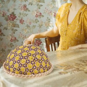 generic Hand- Woven Round Rattan Serving Tray with Food Dome Lid Cover for Picnic Party Bread Cake Pizza Dry Fruit Dessert Yellow Q1519432BAA 28x28cm