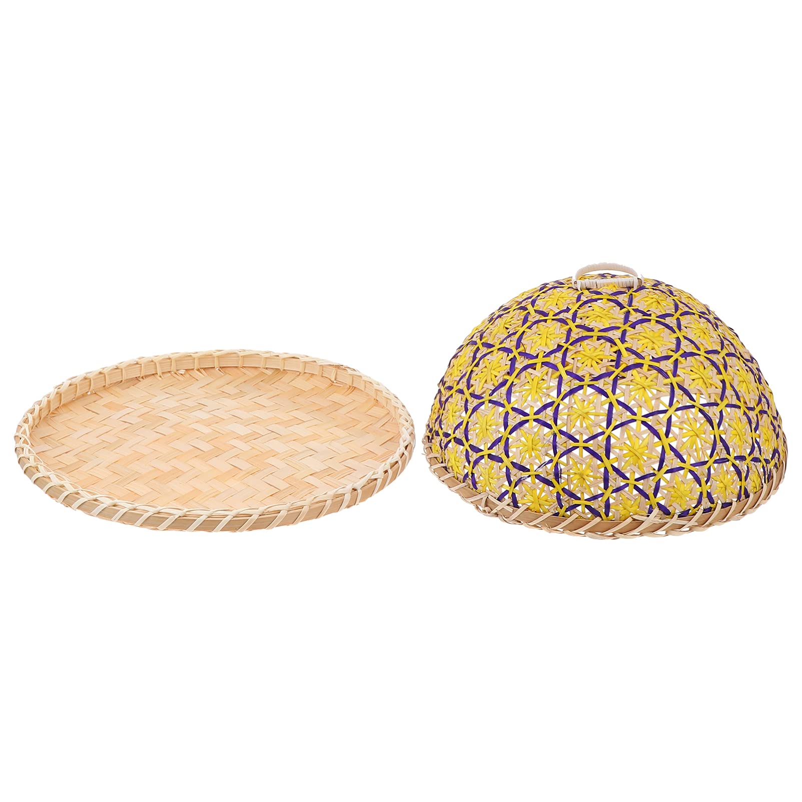 generic Hand- Woven Round Rattan Serving Tray with Food Dome Lid Cover for Picnic Party Bread Cake Pizza Dry Fruit Dessert Yellow Q1519432BAA 28x28cm