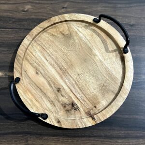 Handmade Wooden Acacia Round Serving Tray Beautiful Mother of Pearl Border Decorative Tray with Handles for Parties Large Handles for Easy Handling, Beautiful Wooden Tray for Multiple uses