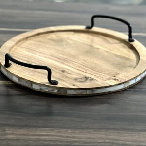 Handmade Wooden Acacia Round Serving Tray Beautiful Mother of Pearl Border Decorative Tray with Handles for Parties Large Handles for Easy Handling, Beautiful Wooden Tray for Multiple uses