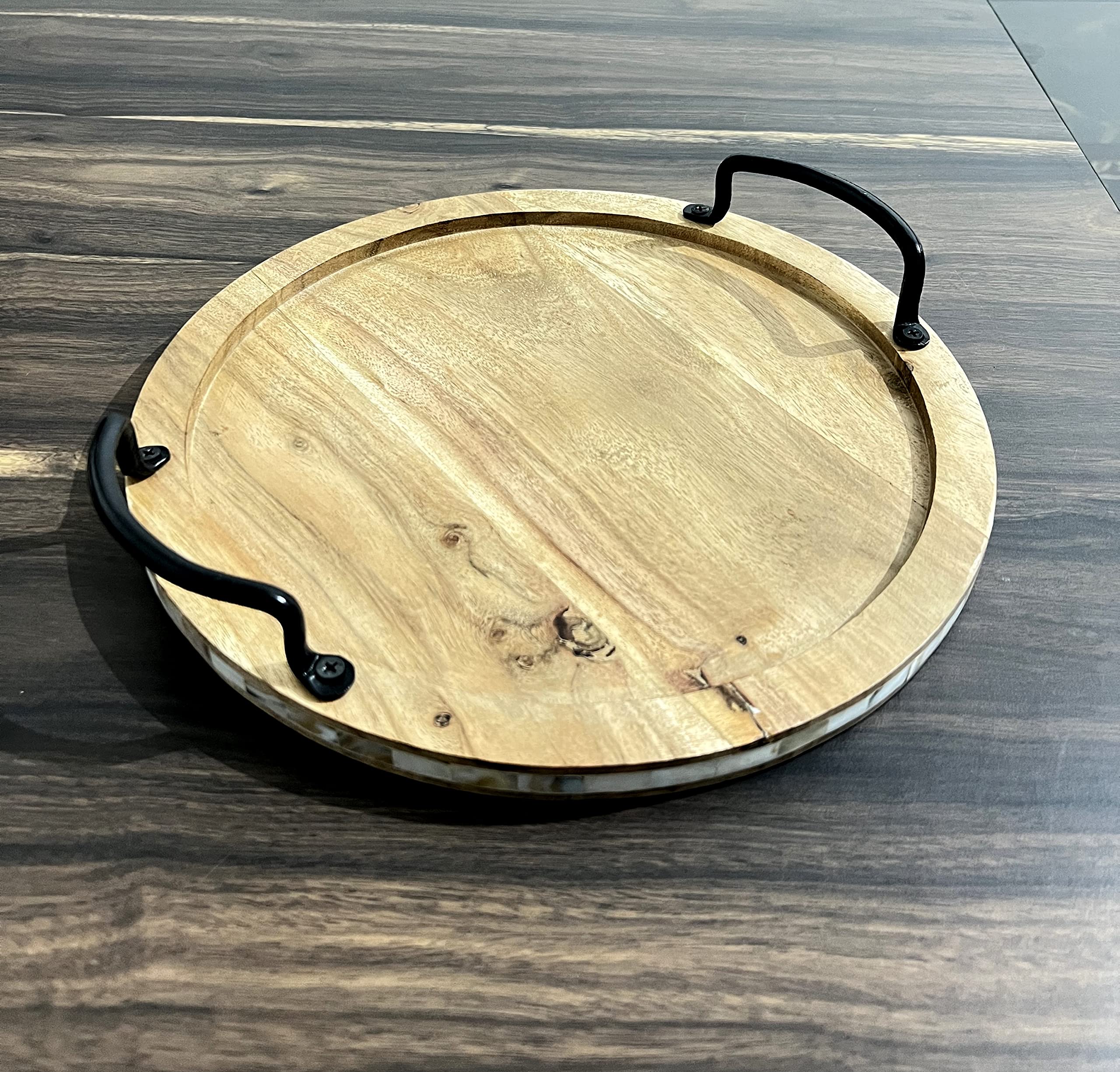 Handmade Wooden Acacia Round Serving Tray Beautiful Mother of Pearl Border Decorative Tray with Handles for Parties Large Handles for Easy Handling, Beautiful Wooden Tray for Multiple uses