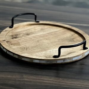 Handmade Wooden Acacia Round Serving Tray Beautiful Mother of Pearl Border Decorative Tray with Handles for Parties Large Handles for Easy Handling, Beautiful Wooden Tray for Multiple uses