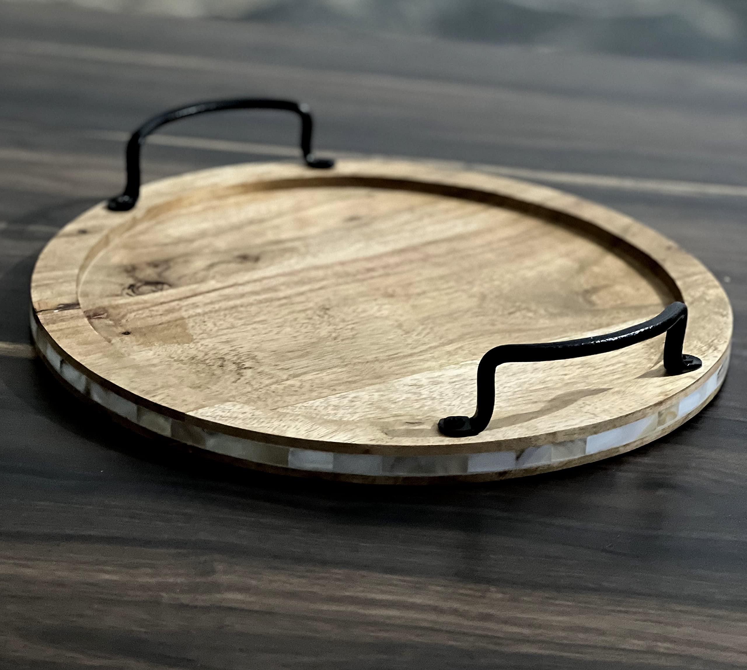 Handmade Wooden Acacia Round Serving Tray Beautiful Mother of Pearl Border Decorative Tray with Handles for Parties Large Handles for Easy Handling, Beautiful Wooden Tray for Multiple uses