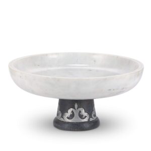 gg collection white marble bowl on gray-washed metal-inlay pedestal