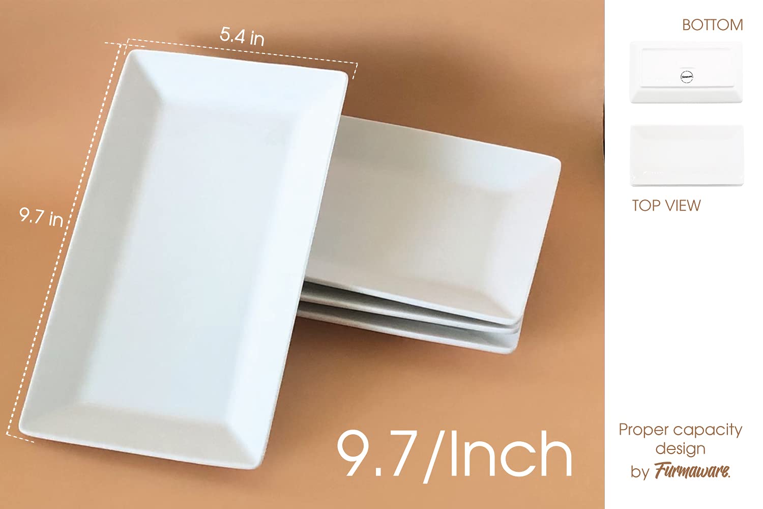 Furmaware 9.7" Rectangle Serving Plates, Ideal for Serving Your Favorite Platter Sized Perfectly for Appetizer, Sushi, Tapas, Taco, Dessert Platters, Raised Lip White Porcelain Tray - Set of 4