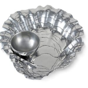 Arthur Court Aluminum Metal Oyster Chip Bowl with Pearl Dip Bowl - Formal and Everyday Coastal décor 15 inch x 13.5 inch