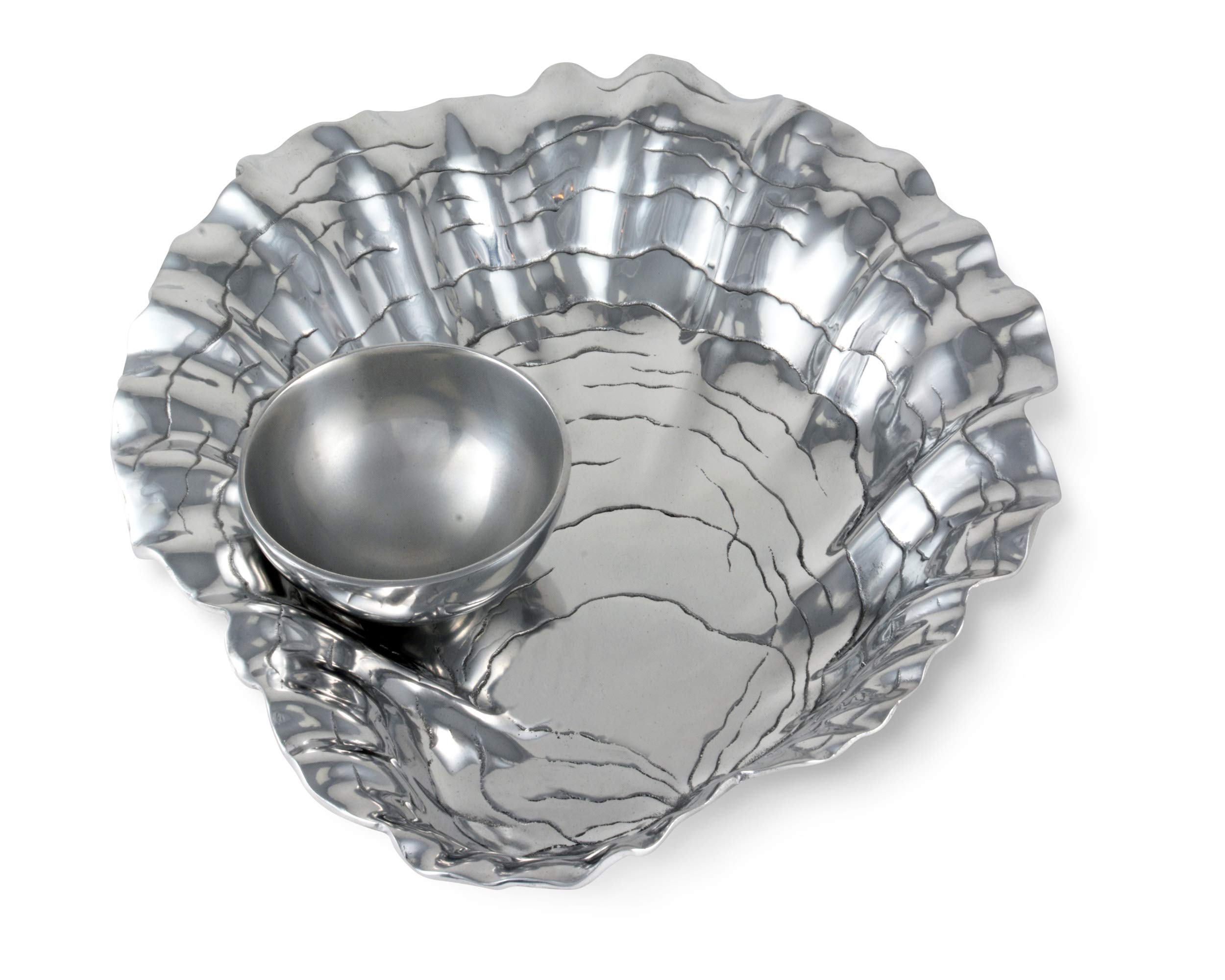 Arthur Court Aluminum Metal Oyster Chip Bowl with Pearl Dip Bowl - Formal and Everyday Coastal décor 15 inch x 13.5 inch